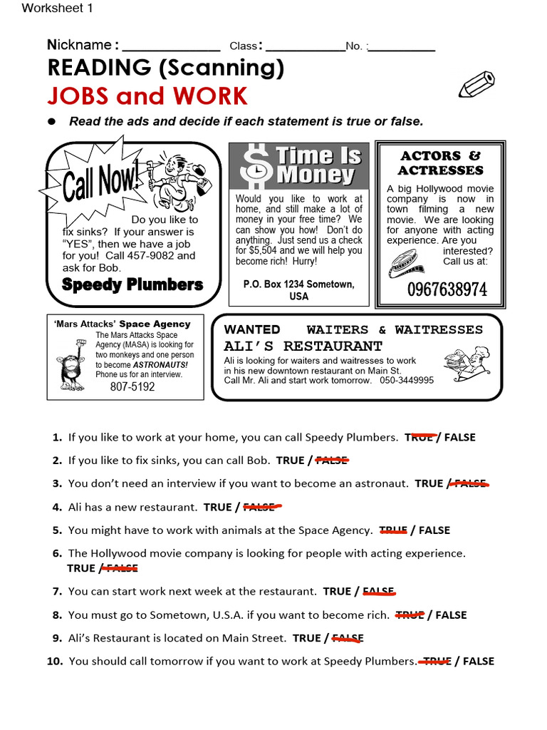 Job and Menu Reading Comprehension Test | PDF | Foods