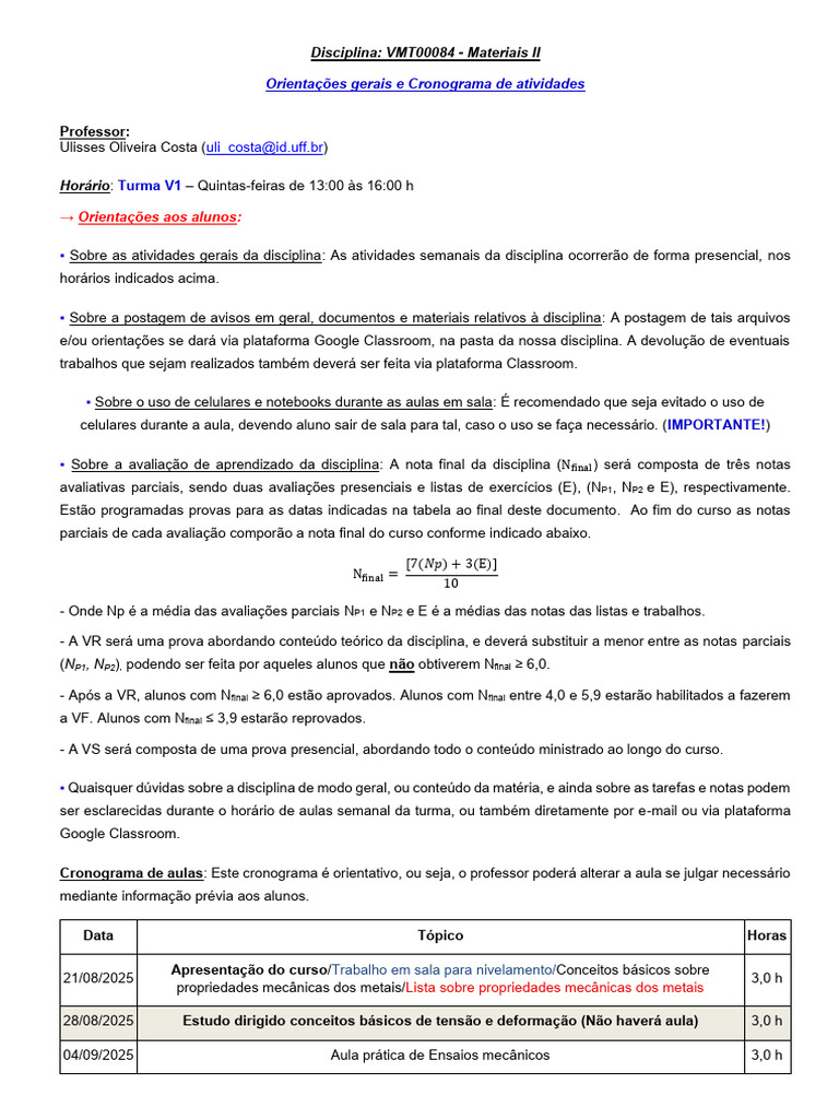 Cronograma e Orientacoes Materiais II 2025.2 Assinado | PDF