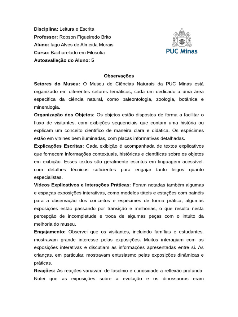 Roteiro de Observacao Museu PUC Minas IAGO ALVES DE ALMEIDA MORAIS | PDF | Science | Museu
