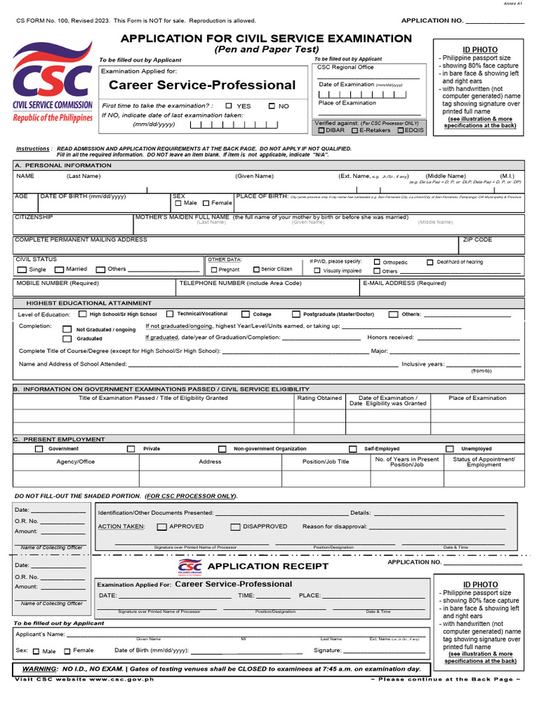 Civil Service Exam Application Form | PDF | Identity Document