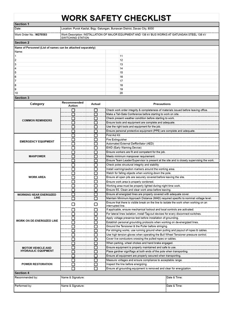 Work Safety Checklist Bus Works Gatungan Sw (1) | PDF | High Voltage ...