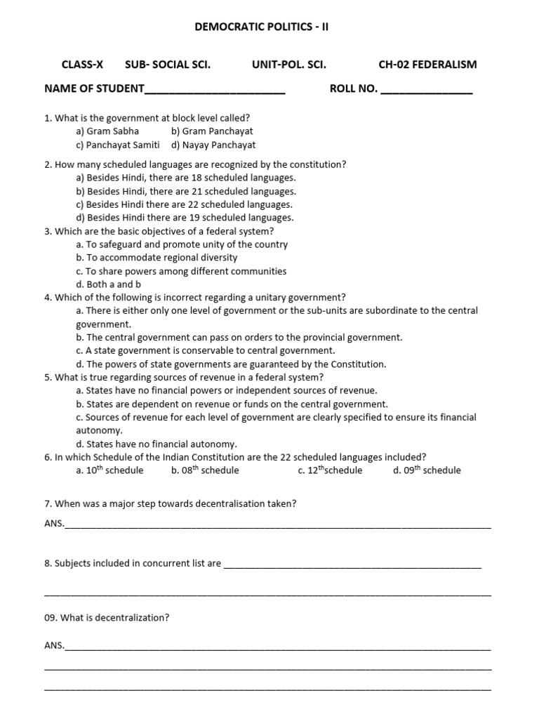 Class 10 - DP - Worksheet - Federalism | PDF | Federalism | Governance