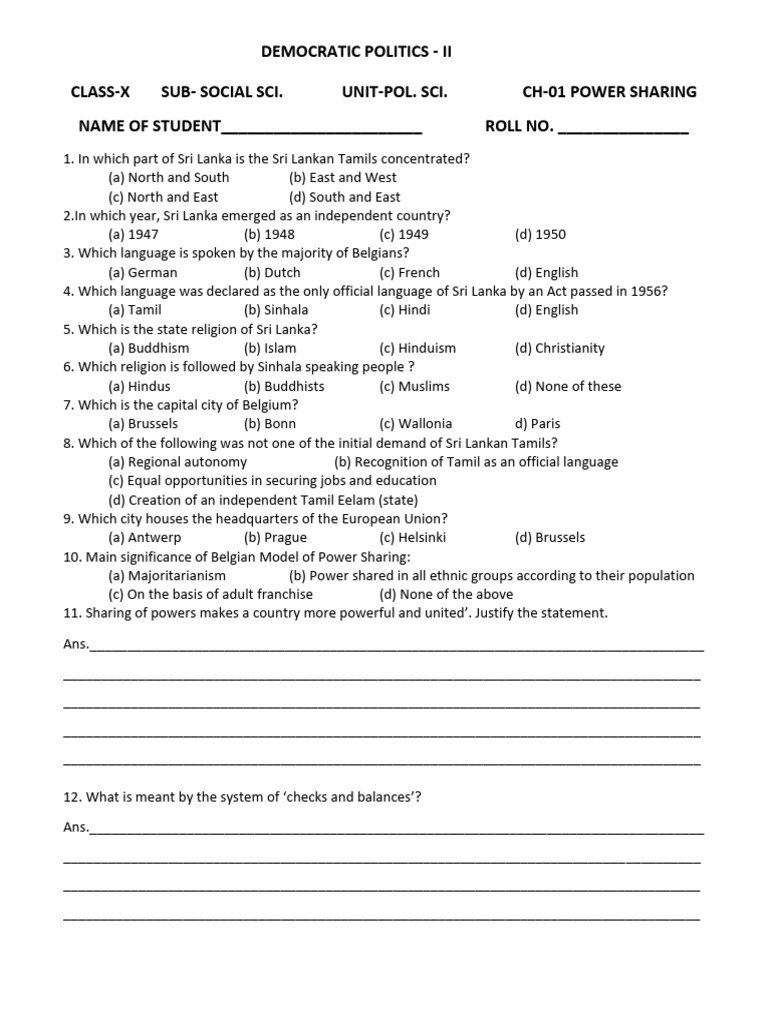 Class 10_DP_Worksheet_Power Sharing | PDF | Sri Lanka | Tamils
