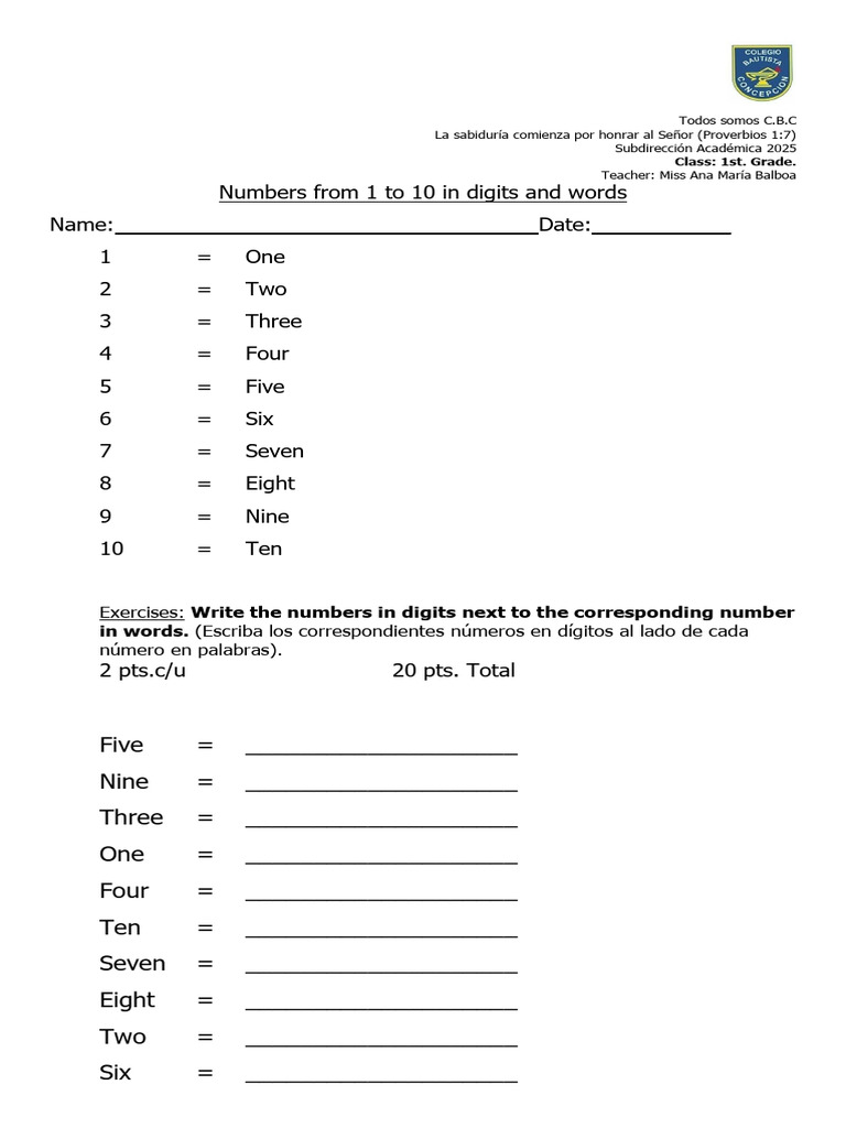 Numbers from 1 to 10, Worksheet (1ro. Básico) | PDF