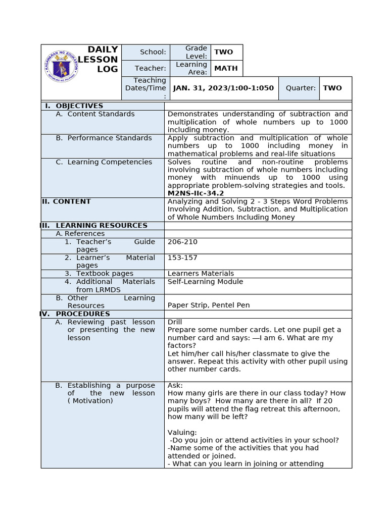 Grade 2 Math Lesson Plan: Word Problems | PDF | Learning | Intelligence