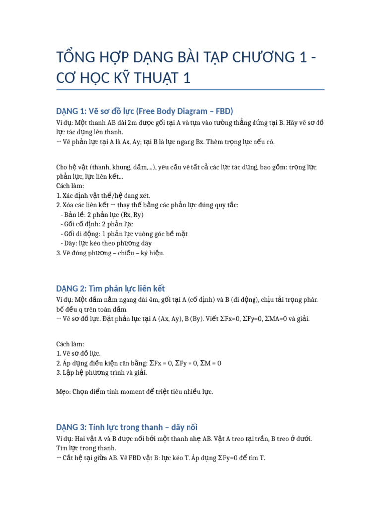 Dang Bai Tap Chuong 1 Co Hoc Ky Thuat Minh Hoa | PDF