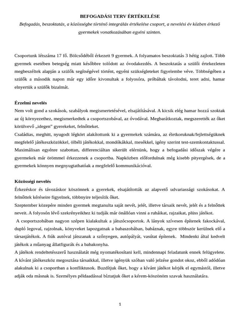 Befogadási Terv Értékelése Mini 1 | PDF