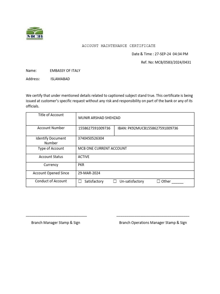 Account Maintenance Certificate - MCB | PDF