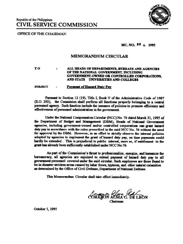 CSC MC 28-1995 Grant of Hazard Pay | PDF
