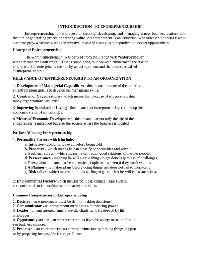 Introduction to Entrepreneurship Concepts | PDF | Entrepreneurship ...