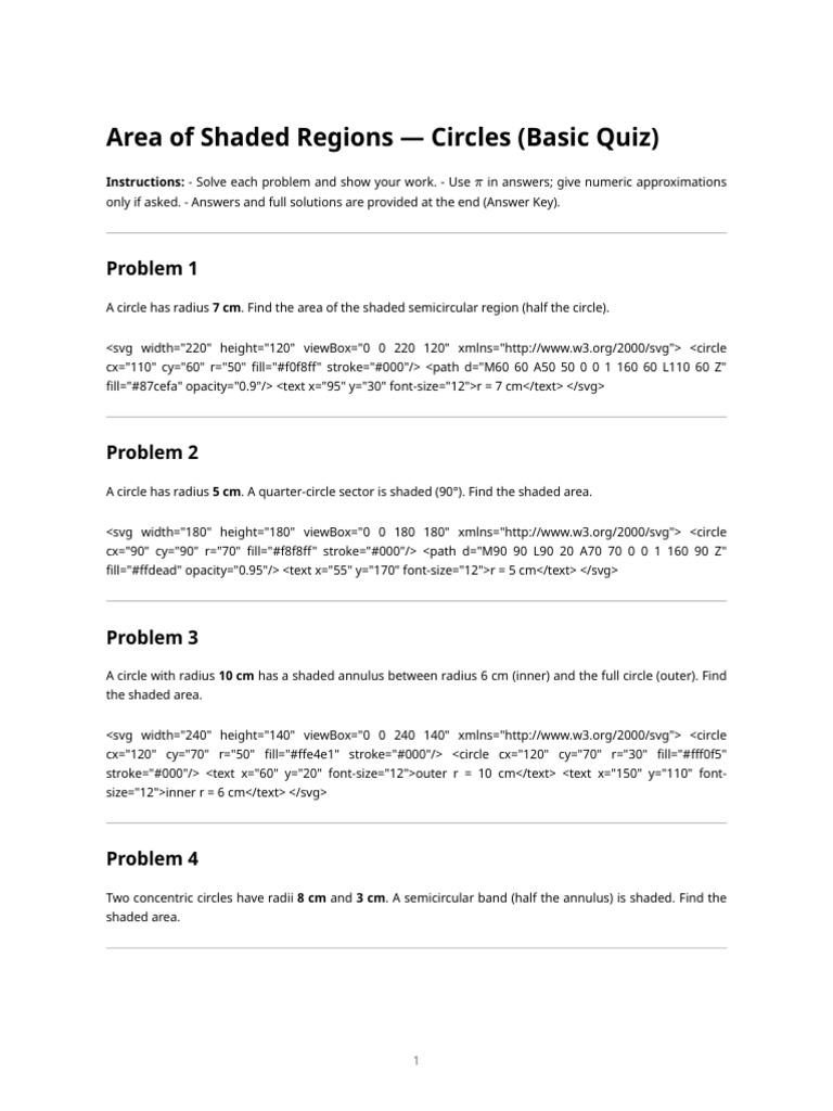Area of Shaded Regions — Circles (Basic Quiz) | PDF | Area | Circle