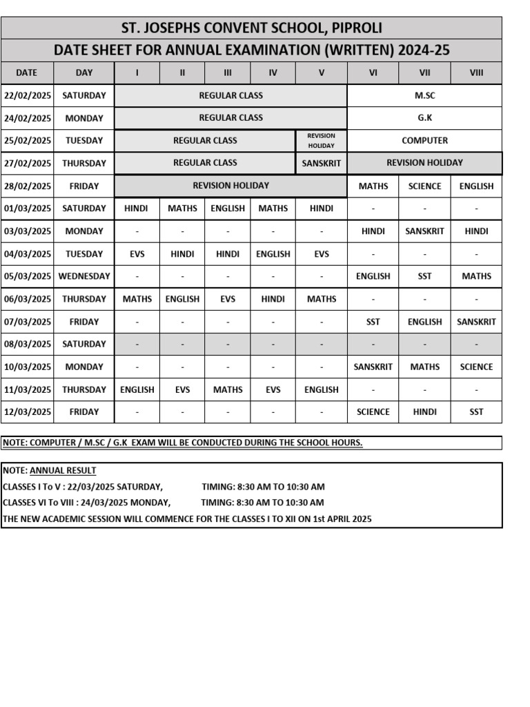 Std 1-8 Exam Timetable 2025 | PDF