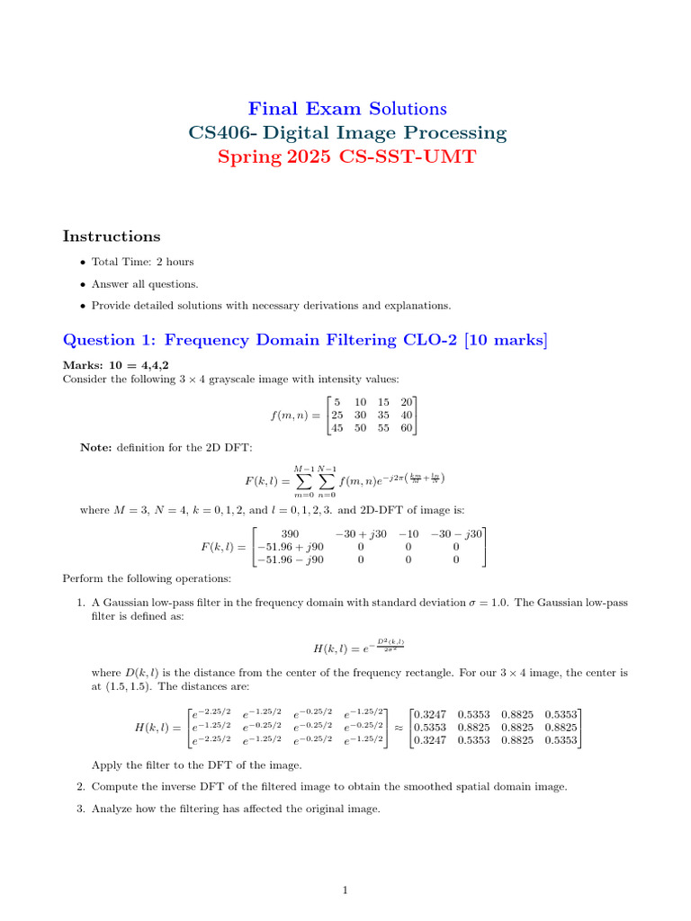 Solution CS406 DIP Sp2025 Final | PDF | Multidimensional Signal Processing | Digital Signal ...