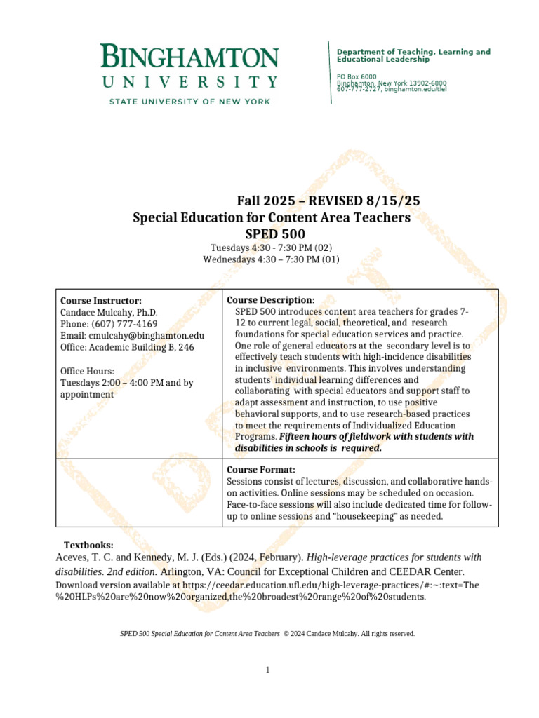 Sped 500 Fall 2025 Cam - Revised 8-23 | PDF | Special Education | Learning