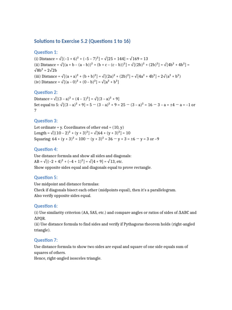 Distance Formula Solutions: Exercises 5.2 | PDF | Classical Geometry ...