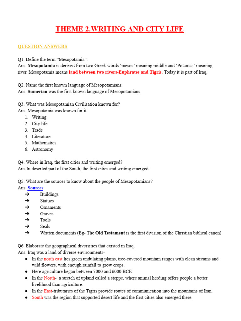 Writing and City Life (Ques Ans) | PDF | Mesopotamia