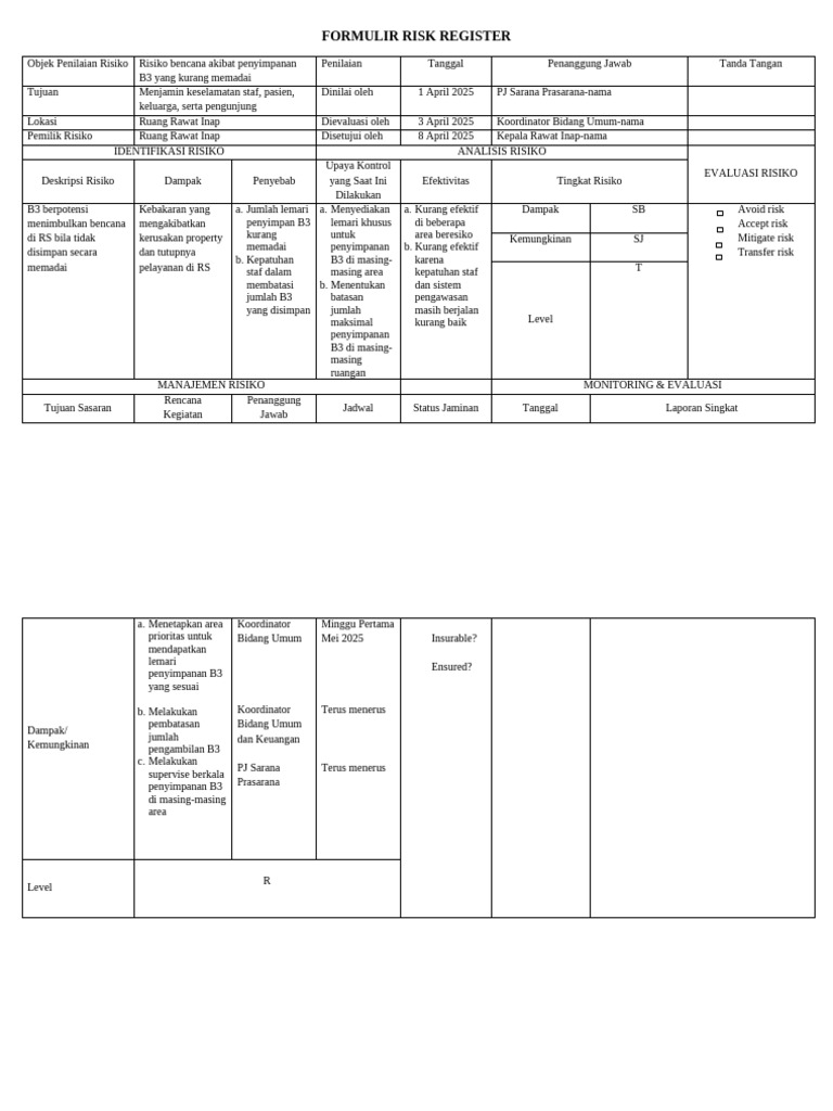 Contoh Formulir Risk Register | PDF