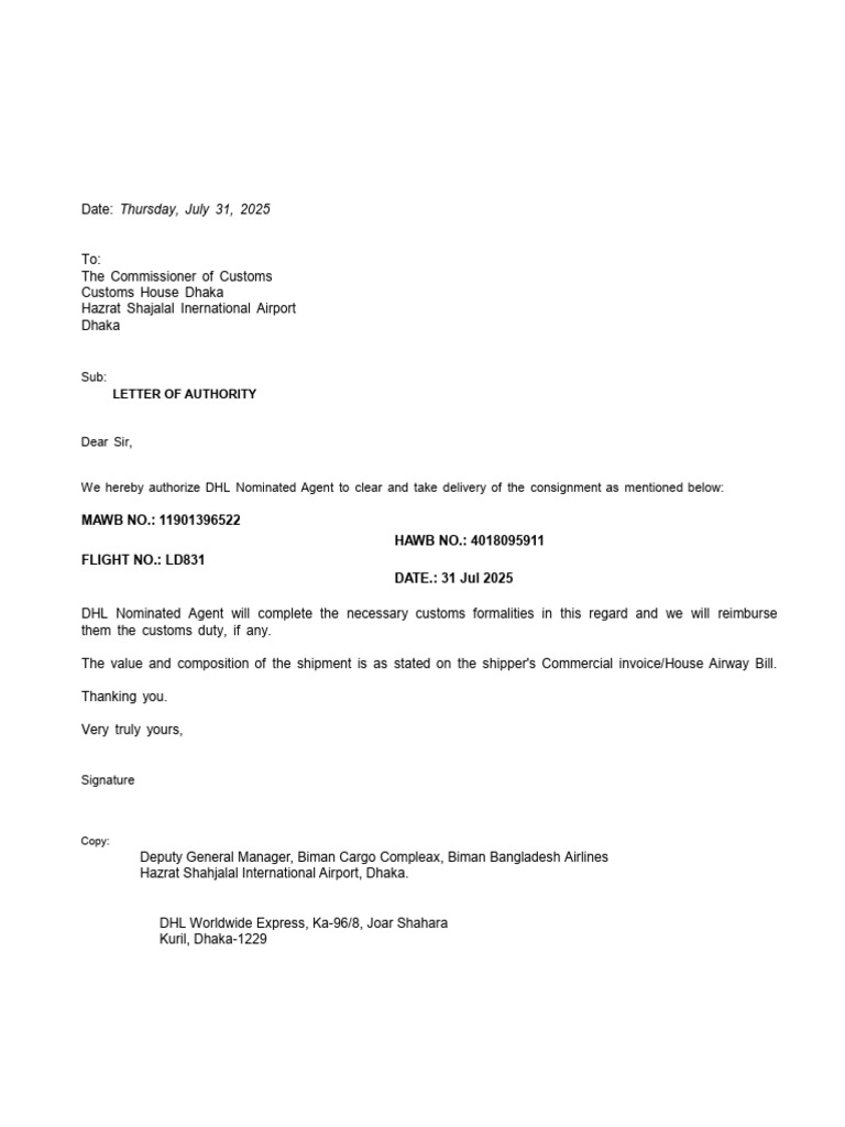 Letter of Authority for DHL Customs Clearance | PDF