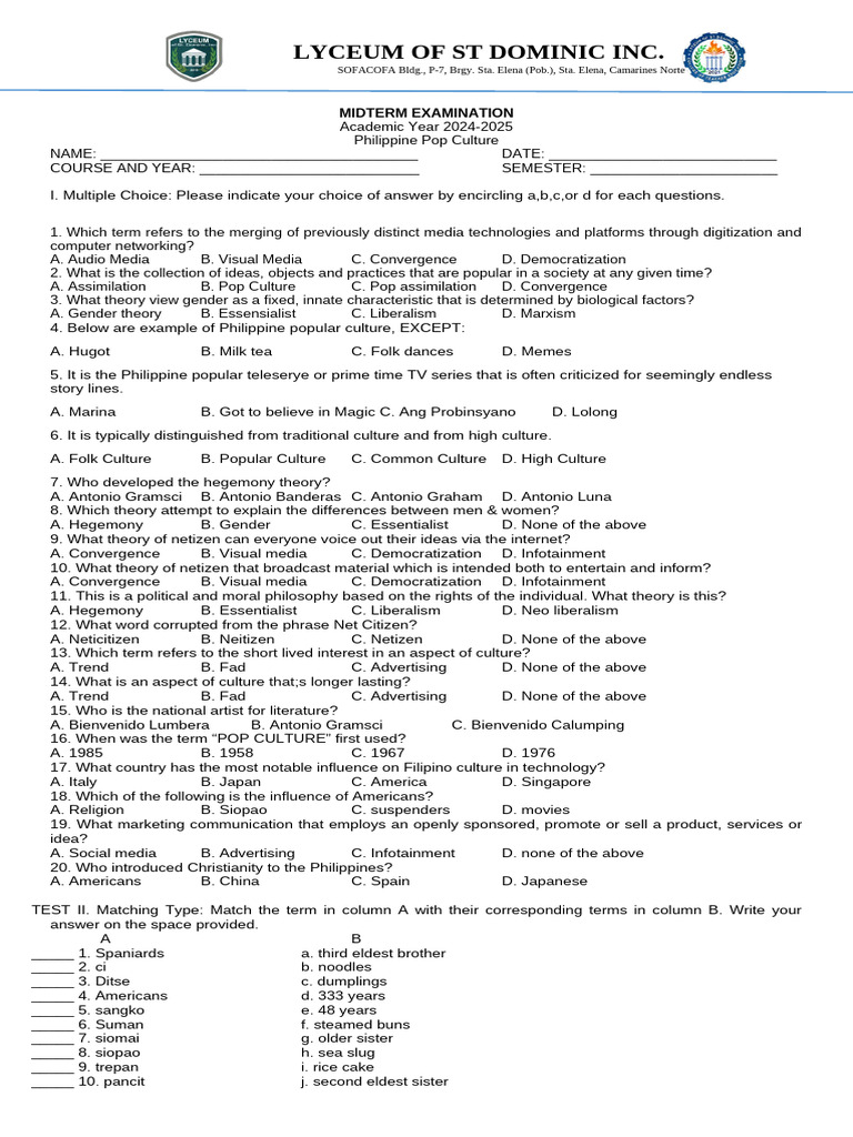 BECED II BTVTED II Midterm Exam in Pop Culture | PDF