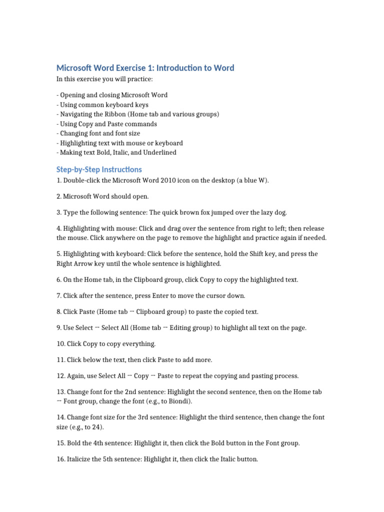 Exercise 1 Microsoft Word | PDF