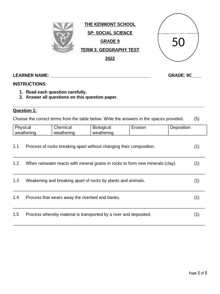 Grade 9 Geography Term 3 Test 2022 | PDF | Erosion | Weathering