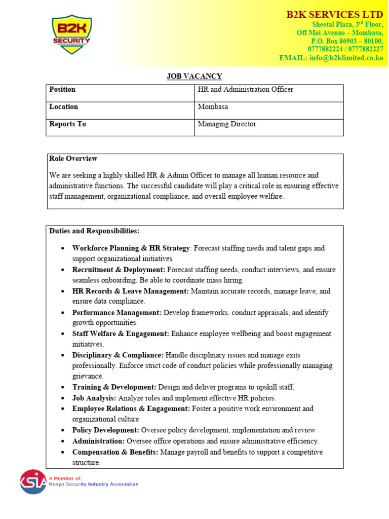 Job Vacancy - HR and Admin Officer | PDF | Human Resources | Human ...
