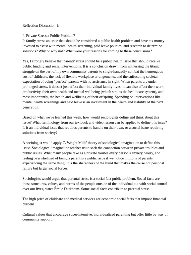 Reflection Discussion 1 Stress | PDF | Sociology | Mental Health