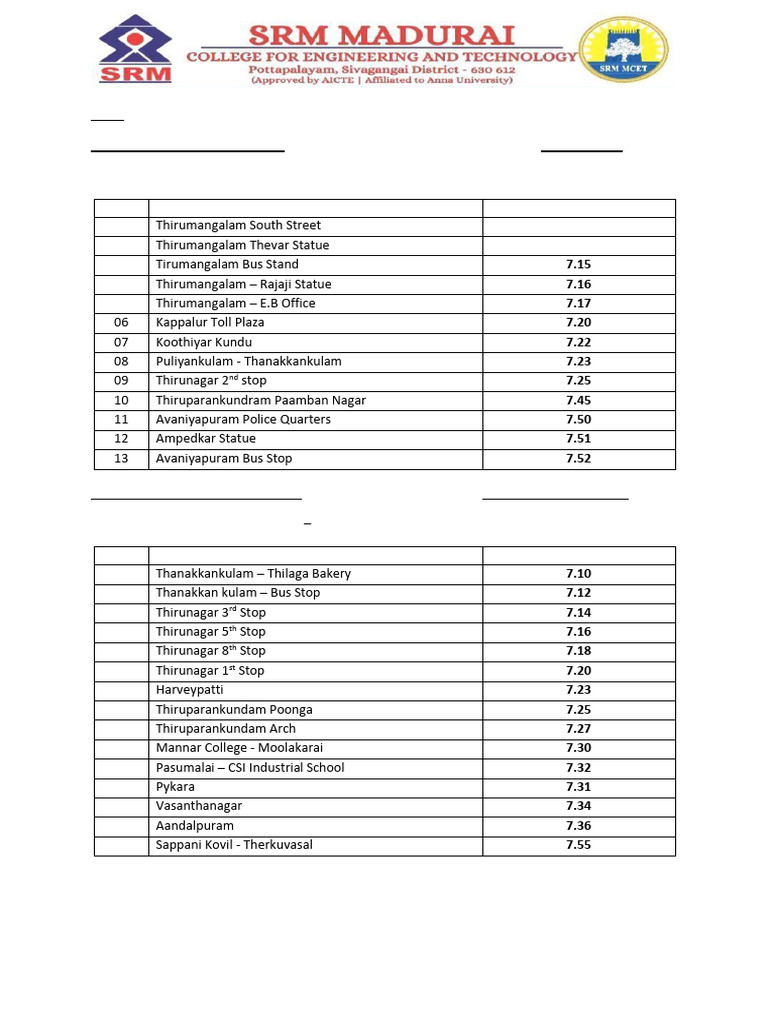 Manamadurai Bus Schedule Details | PDF