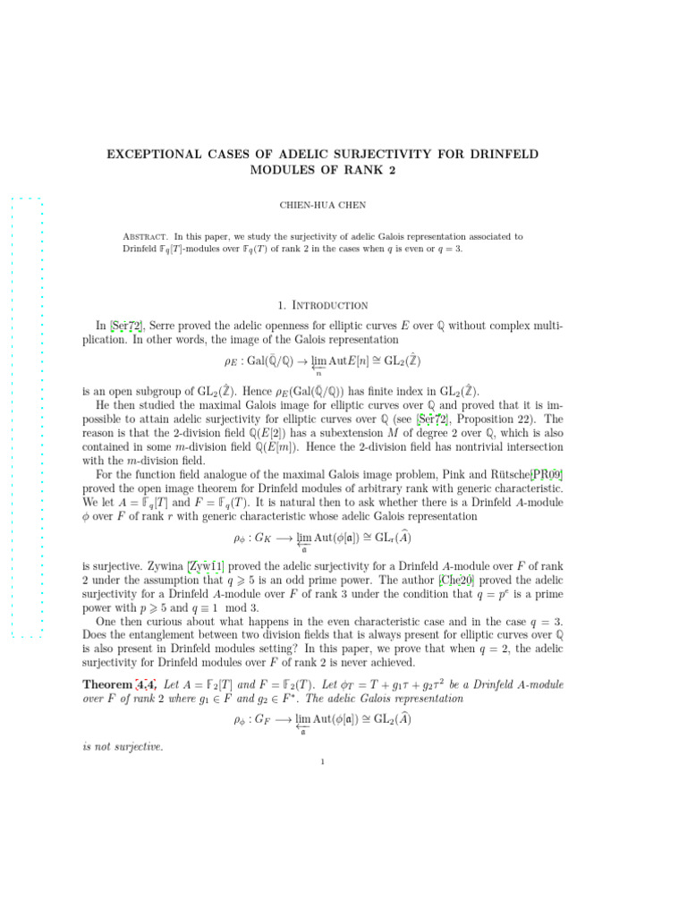 Chen - Exceptional Cases of Adelic Surjectivity For Drinfeld Modules of ...