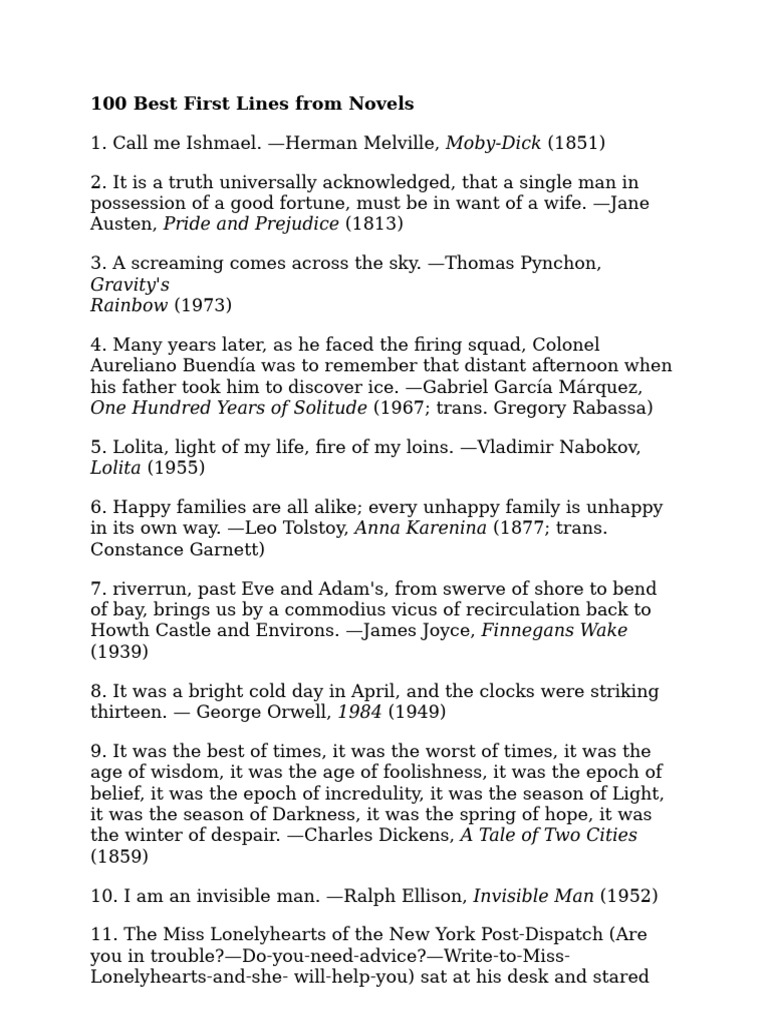 100 Best First Lines | PDF | Novels