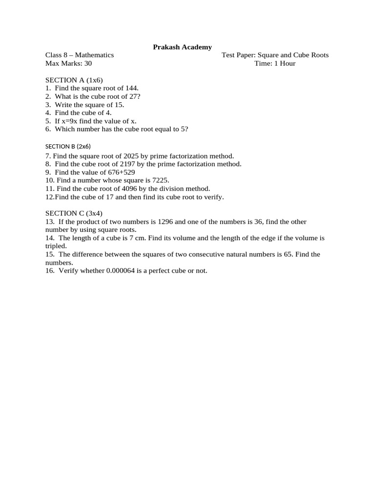 Class 8 Math Test: Square & Cube Roots | PDF