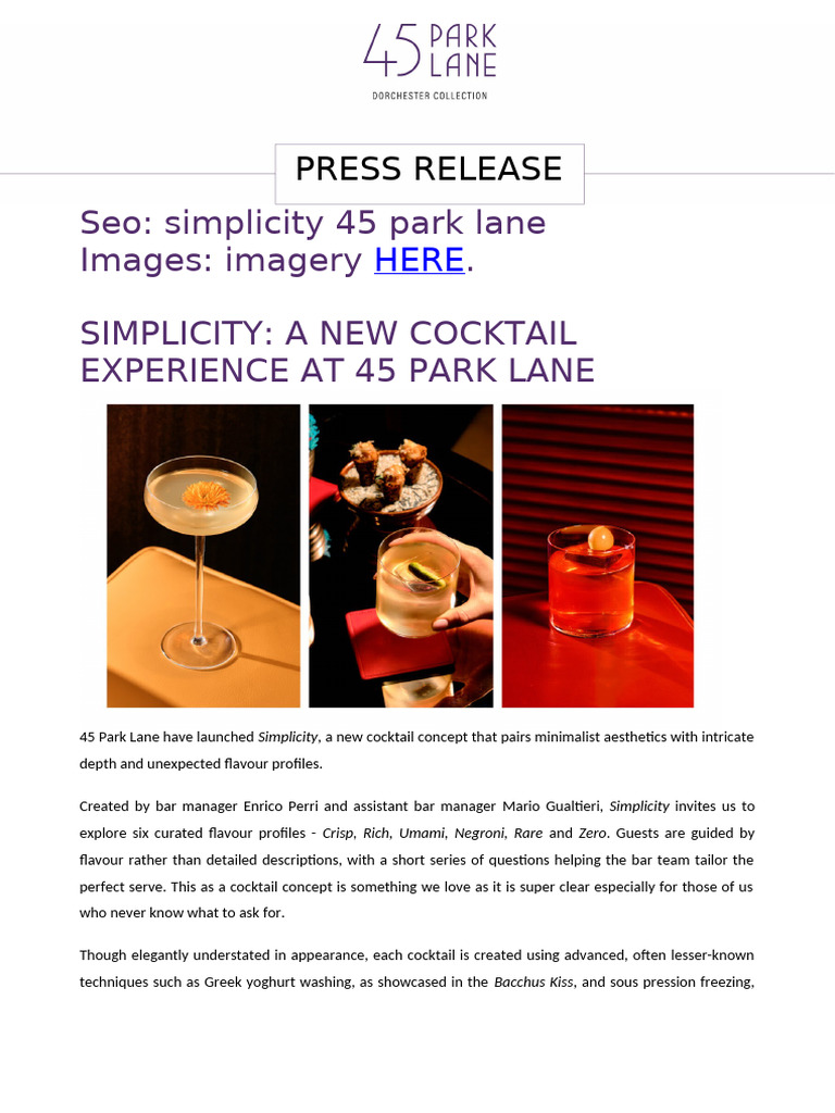 FINAL - Press Release - BAR45 Introduces Simplicity Cocktail Menu | PDF ...