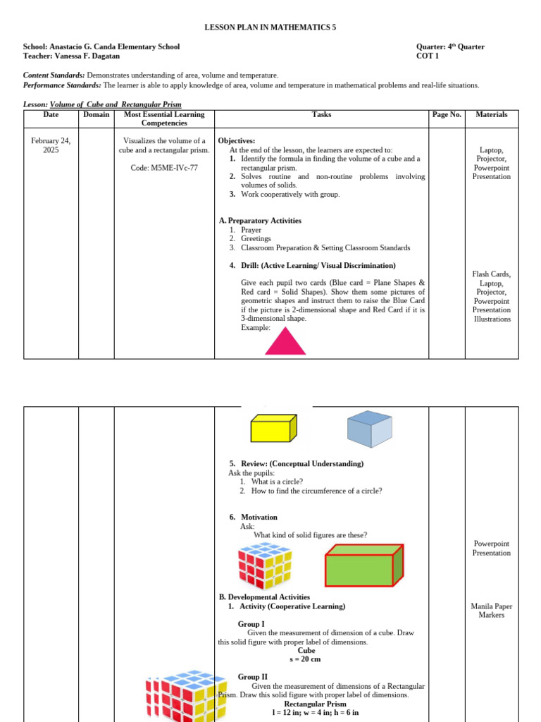 Final Lesson Plan in Mathematics 5 - Observation February, 2025 Cot 1.docx Van Final | PDF ...