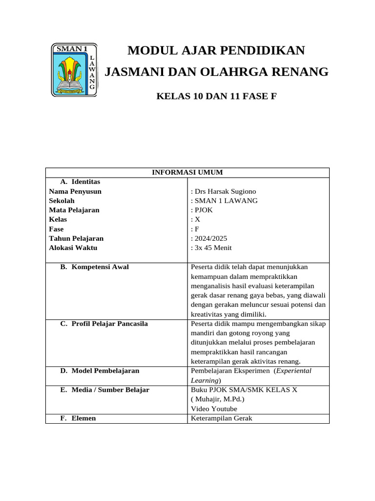 Modul Ajar Renang Kelas 10-11 | PDF