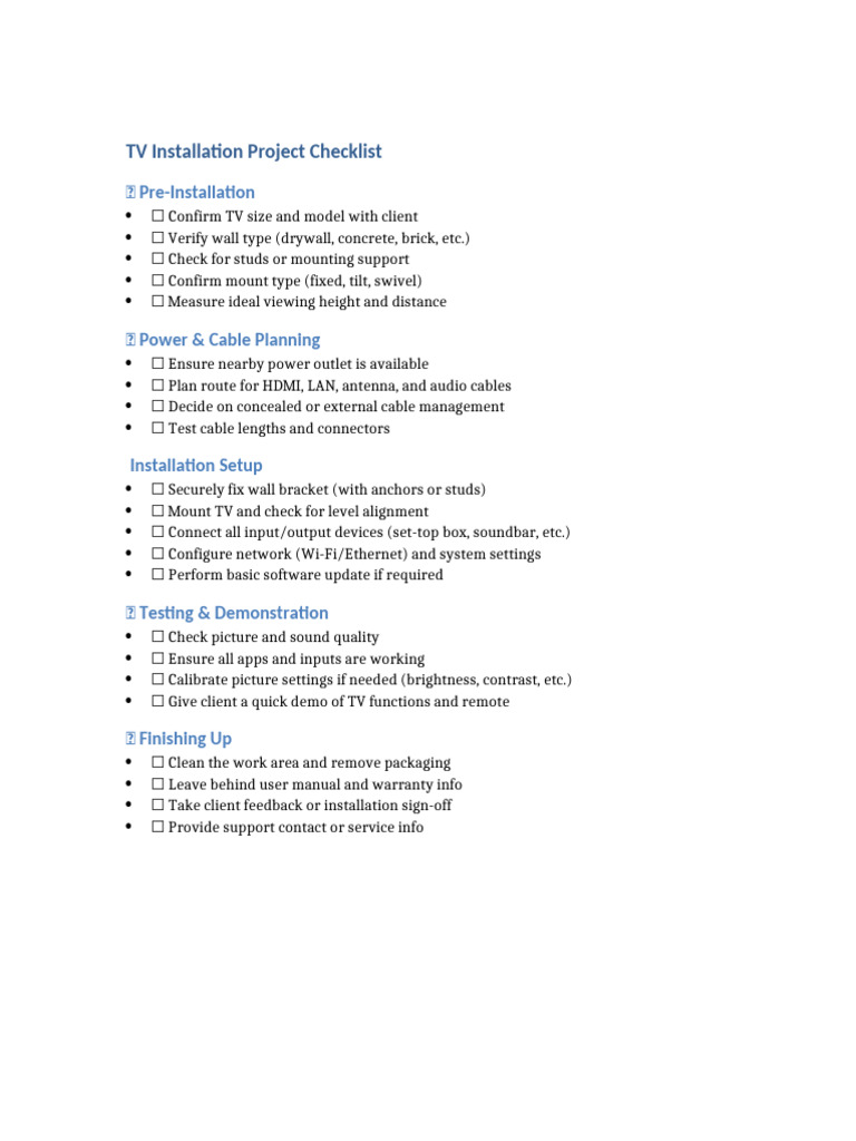 TV Installation Checklist | PDF