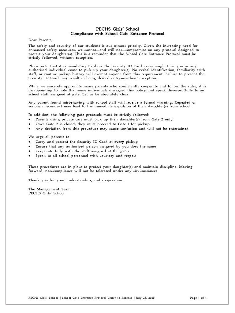 School Gate Entrance Protocol-Letter to Parents | PDF