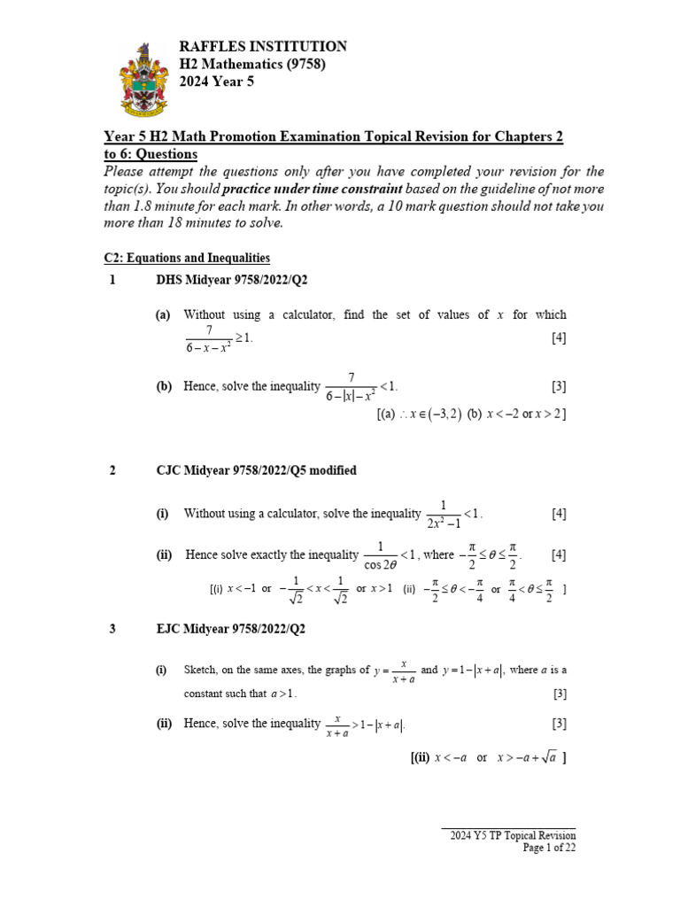 2024 Y5Promo H2 Math Topical Revision Qns | PDF | Function (Mathematics ...