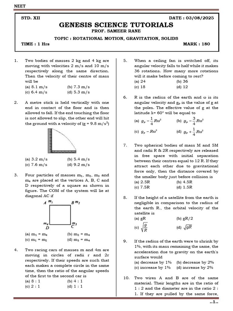 Neet-Rotational Motion, Gravitation, Solids | PDF | Rotation Around A ...