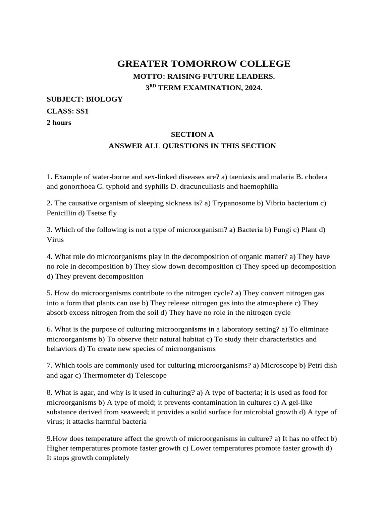 Ss1 Biology Third Term Examination 2023-2024 | PDF | Microorganism ...