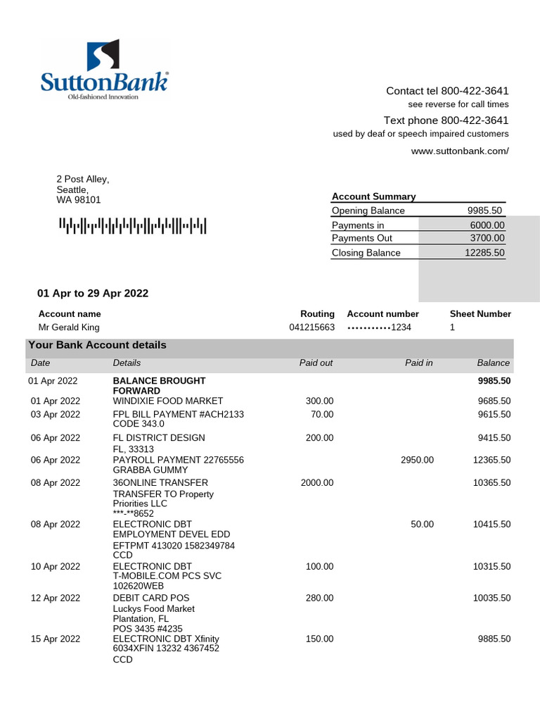 Sutton Bank Statement | PDF | Service Industries | Services (Economics)