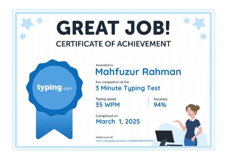 Mahfuzur Rahman: 3 Minute Typing Test 35 WPM 94% March 1, 2025 | PDF