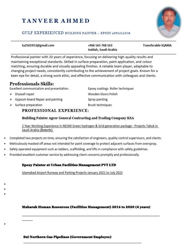 Painter - Tanveer Ahmad resume | PDF | Saudi Arabia