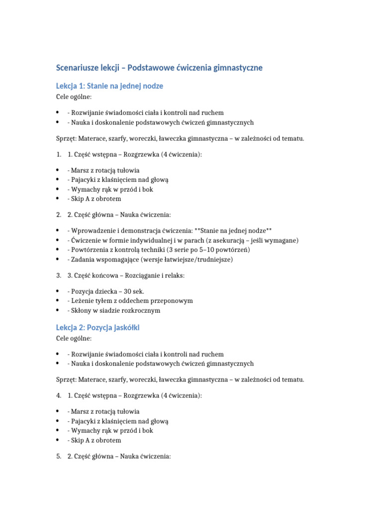 Scenariusze Podstawowe Cwiczenia Gimnastyczne | PDF