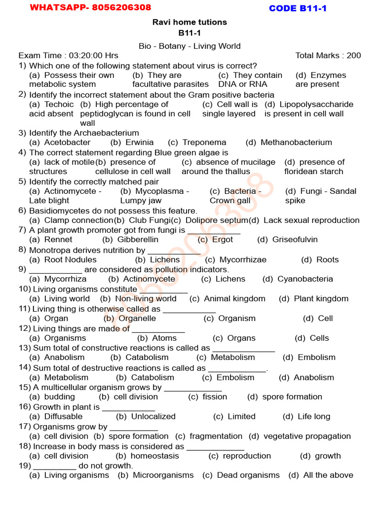 Botany Exam Questions and Answers | PDF | Virus | Bacteria