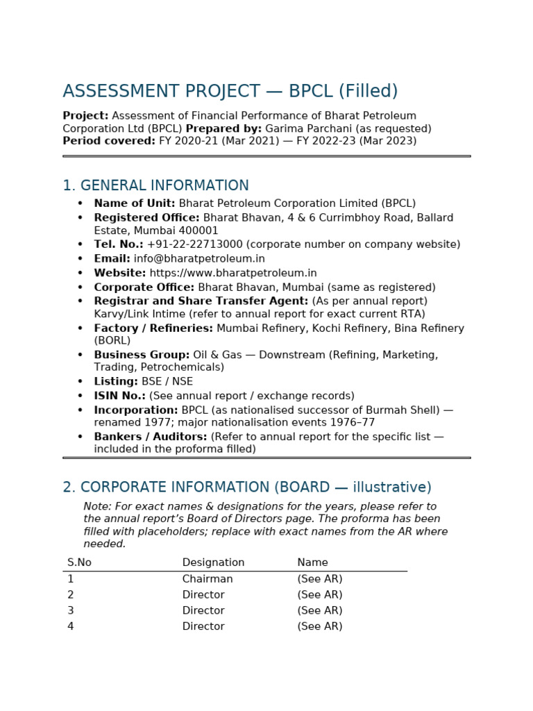 BPCL - Filled Project Proforma & Financial Analysis | PDF | Income ...