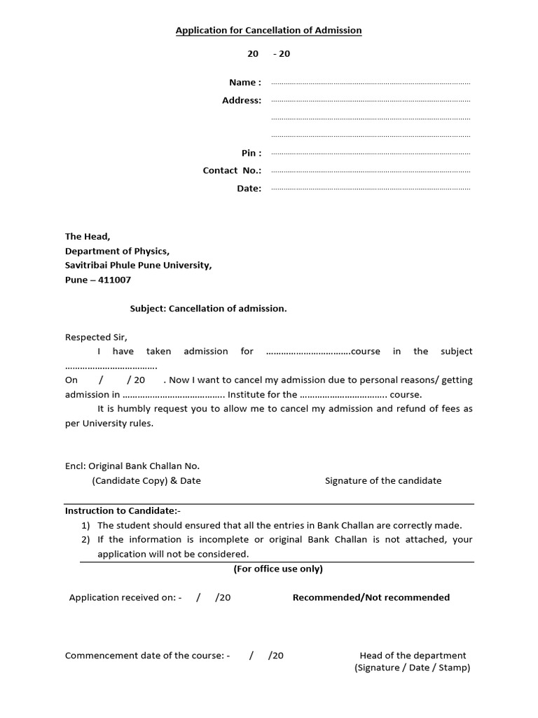 Admission Cancellation Application Form | PDF
