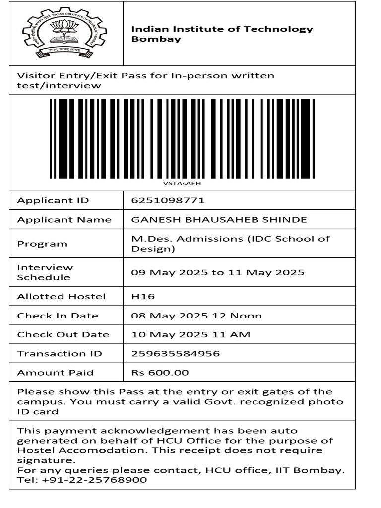 IIT Bombay Visitor Pass for M.Des Interview | PDF