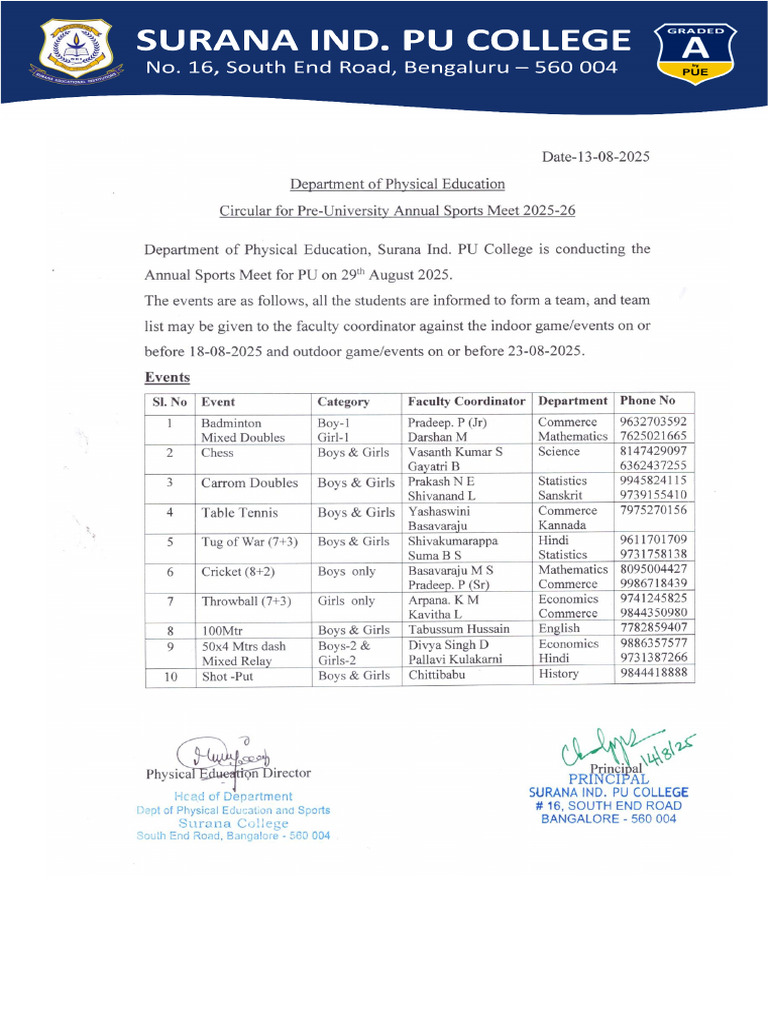 Annual Sports Meet 2025-26 Schedule | PDF | Chess | Sports