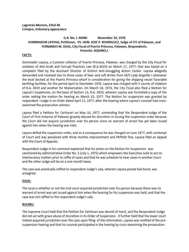 Layosa vs. Rodriguez: Jurisdiction Ruling | PDF | Arrest | Appeal