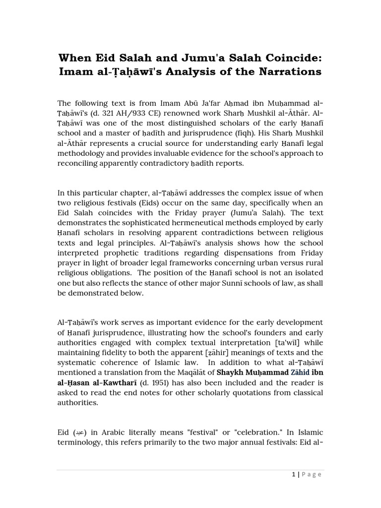 When Eid Salah and Jumu'a Salah Coincide - Imam Al - Ahawi's Analysis ...